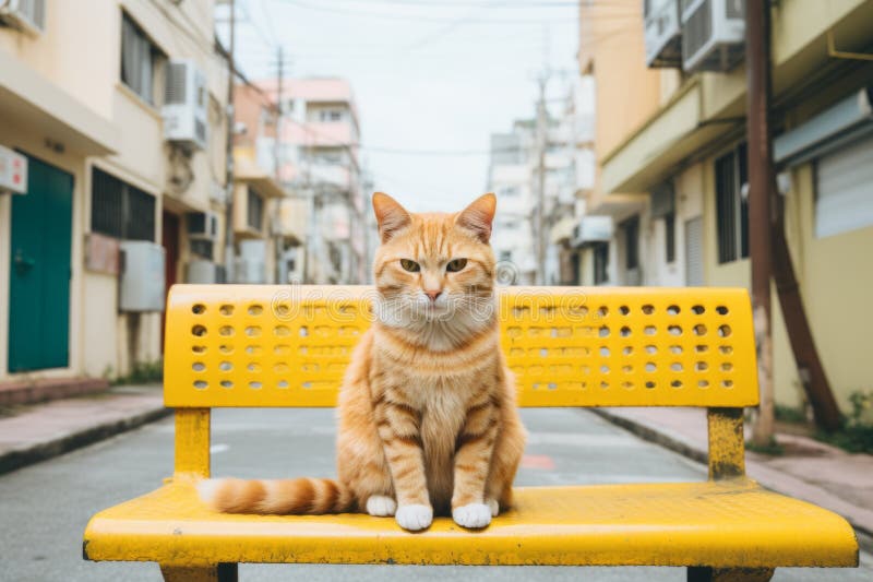 A Cat Sitting on a Yellow Bench Stock Illustration - Illustration of ...