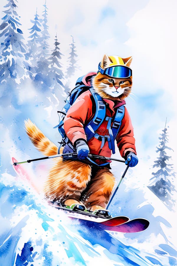 Cat Skiing at Winter. Watercolor Illustration Stock Illustration ...