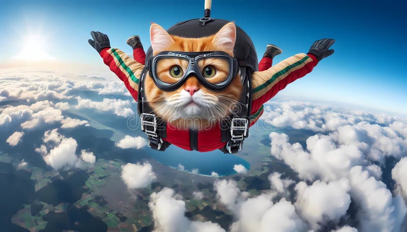 A cat skydiving in the sky stock photo. Image of clothing - 337789188