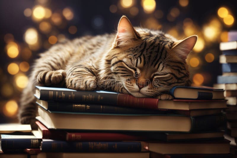 Cat Sleep on Stack of Books Education Concept Bokeh. Ai Generative ...