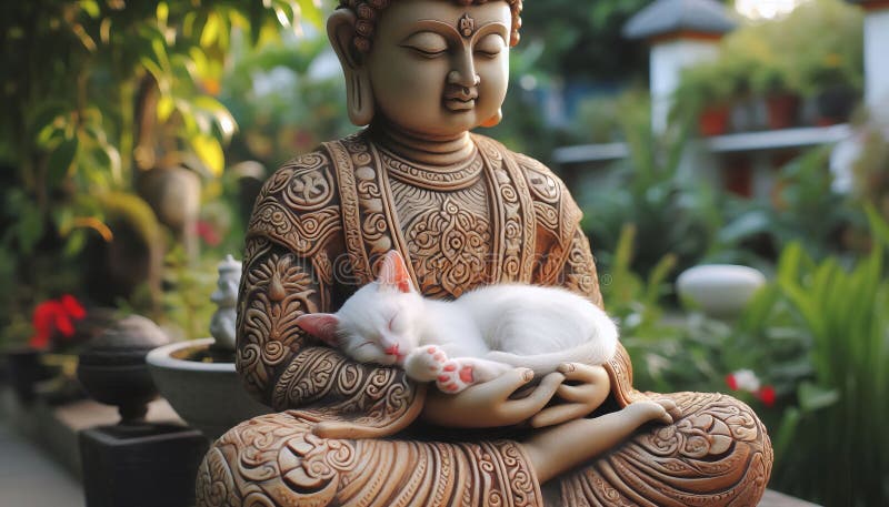A Cat Sleeping in Buddha Hands Stock Illustration - Illustration of buddhism, buddhist: 333022835