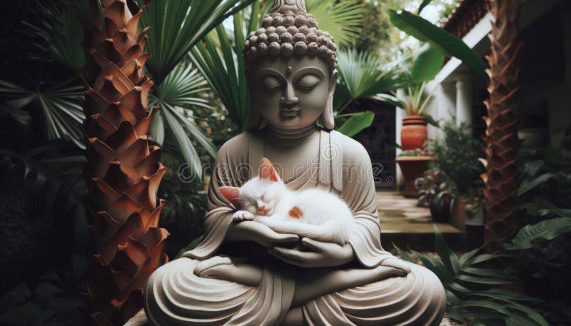 A Cat Sleeping in Buddha Hands Stock Illustration - Illustration of ...