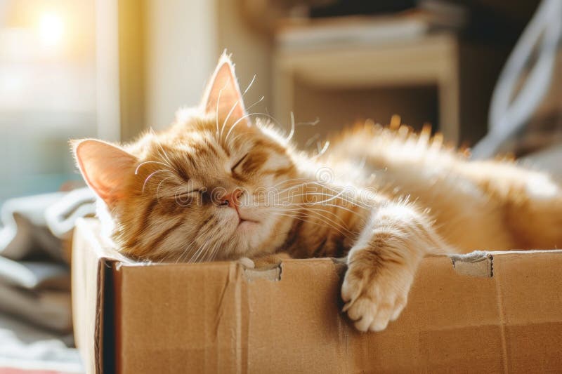 A Cat is Sleeping in a Cardboard Box Stock Photo - Image of kitten ...