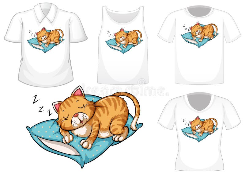 Cat Sleeping Cartoon Character With Set Of Different Shirts Isolated On