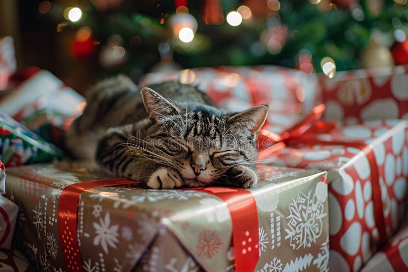 Cute Cat Sleeping on Christmas Presents Under Tree Stock Illustration ...