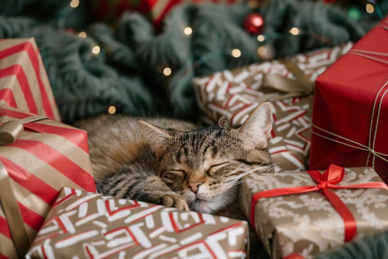Cute Cat Sleeping between Christmas Presents Under Tree Stock ...