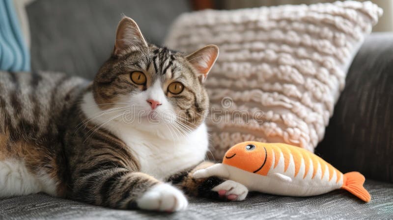 A Cat is Sleeping on a Couch with a Fish Toy Next To it Stock Image ...