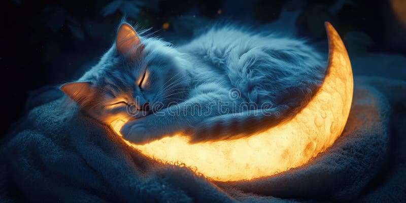 Cat Sleeping on a Crescent Moon Magical Night Scene Stock Illustration ...