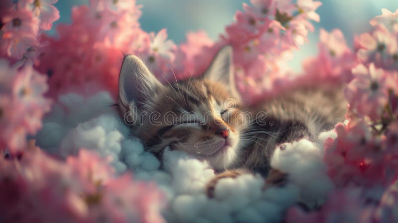 A Cat Sleeping in a Field of Flowers with Pink Petals, AI Stock Photo ...