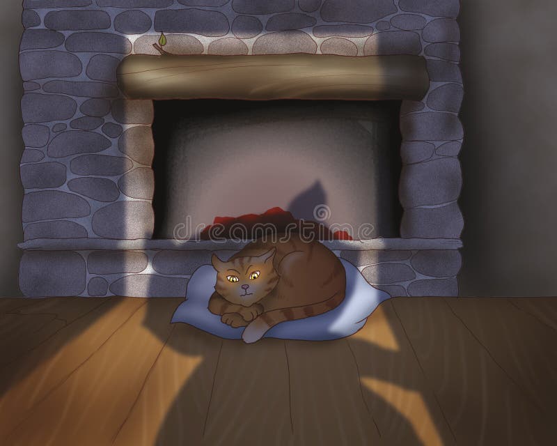 Cat Sleeping Near the Fire Place Stock Illustration - Illustration of ...