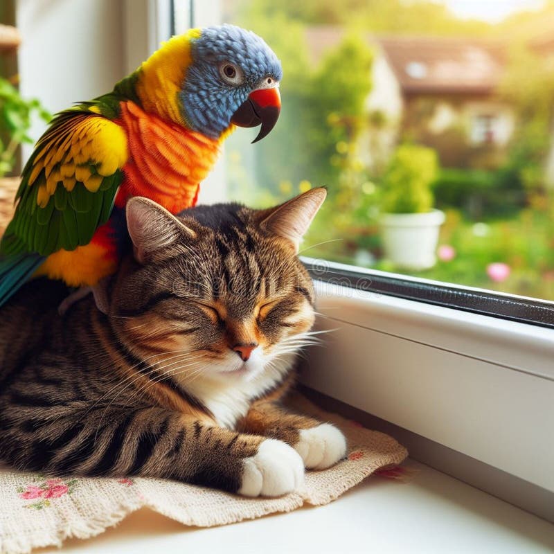 A Cat is Sleeping with a Parrot on Its Back. Stock Illustration ...