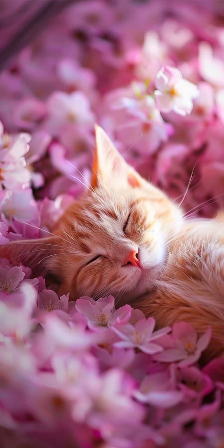 A Cat Sleeping in Pink Flowers Stock Image - Image of blossom, cherry ...