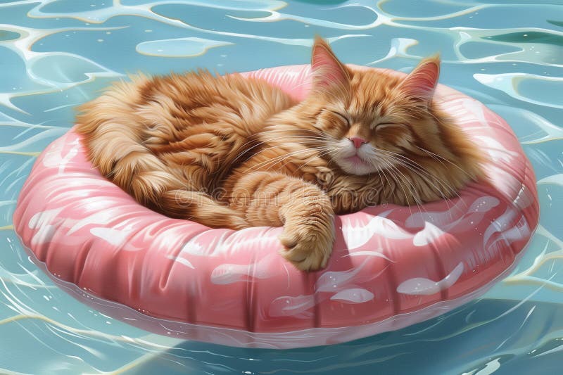 A Cat is Sleeping on a Pink Inflatable Pool Float Stock Photo - Image ...