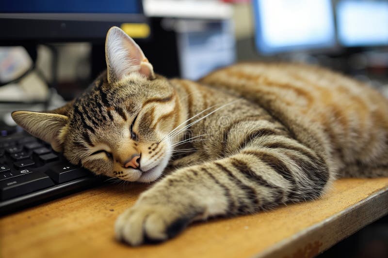 A Cat Sleeping on Top of a Desk Next To a Computer Keyboard Stock Image ...