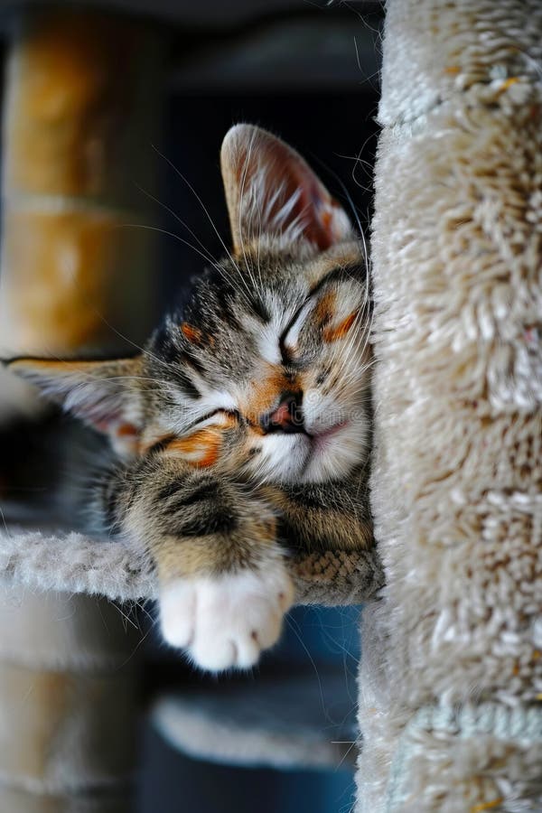A Cat Sleeping on Top of a Scratching Post Stock Photo - Image of ...