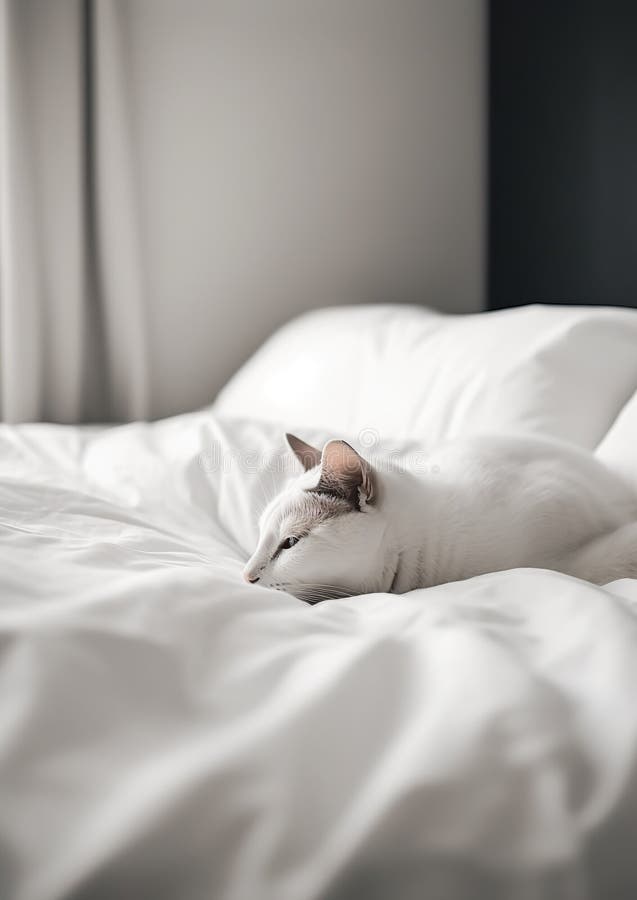 Cat Sleeping on White Bed Sheets. Generative AI Stock Illustration ...