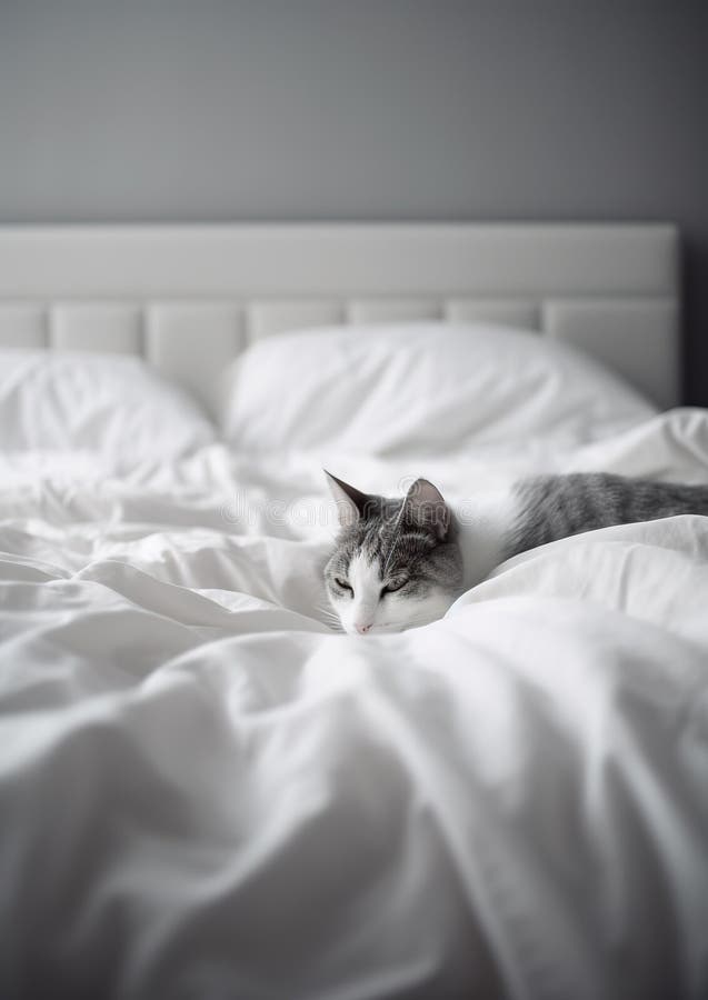 Cat Sleeping on White Bed Sheets. Generative AI Stock Image - Image of ...