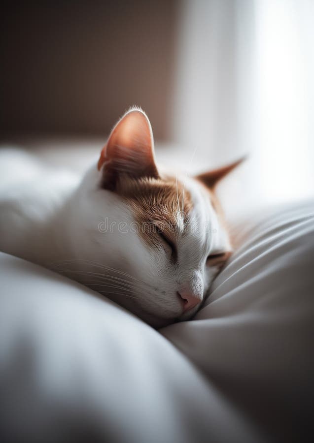 Cat Sleeping on White Bed Sheets. Generative AI Stock Image - Image of ...