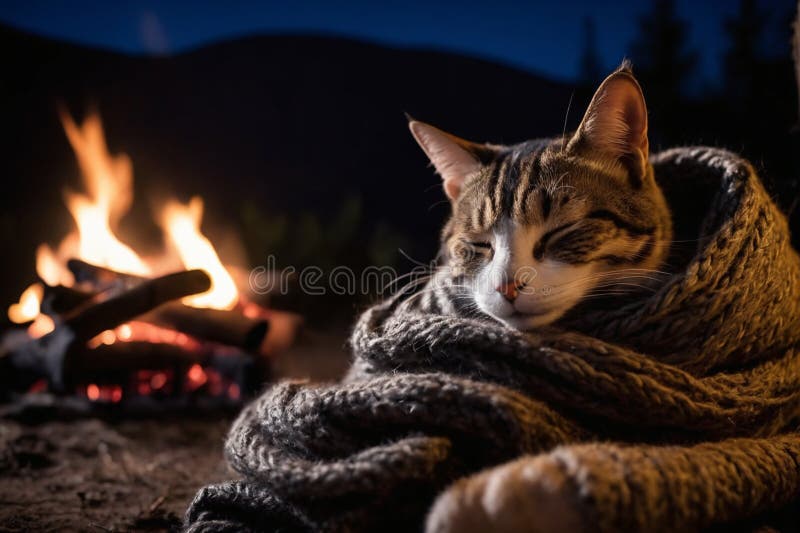 A Cat Sleeping Wrapped Up in Wool Clothing beside a Camp Fire, Night ...