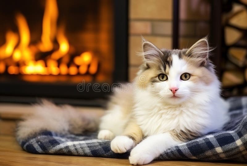 The Cat Sleeps Near the Fireplace in Winter Stock Illustration ...