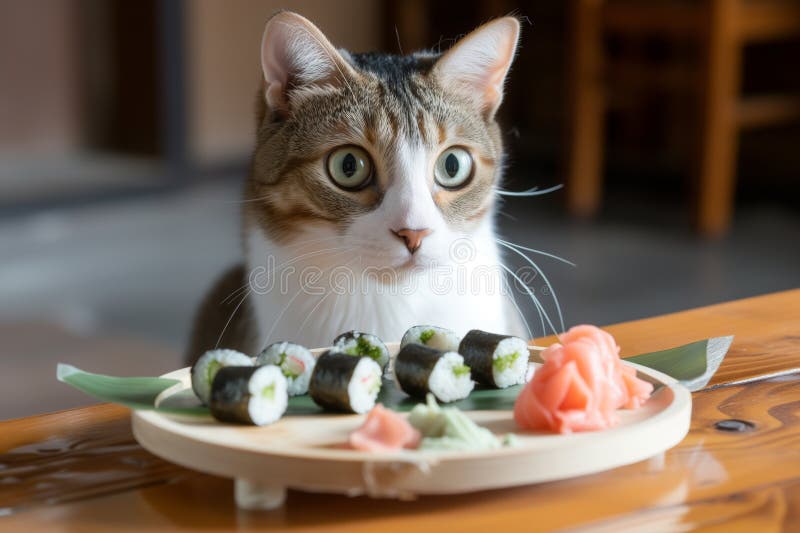 Cat with Small Sushi Rolls on a Plate Looking at the Camera Stock Photo ...