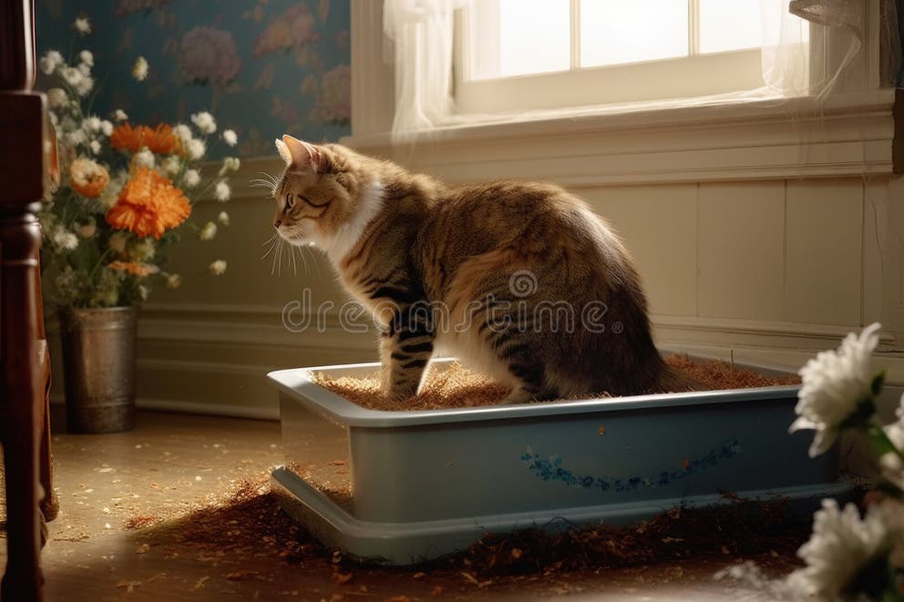 Cat Sniffing Litter Box before Stepping in Stock Photo - Image of ...