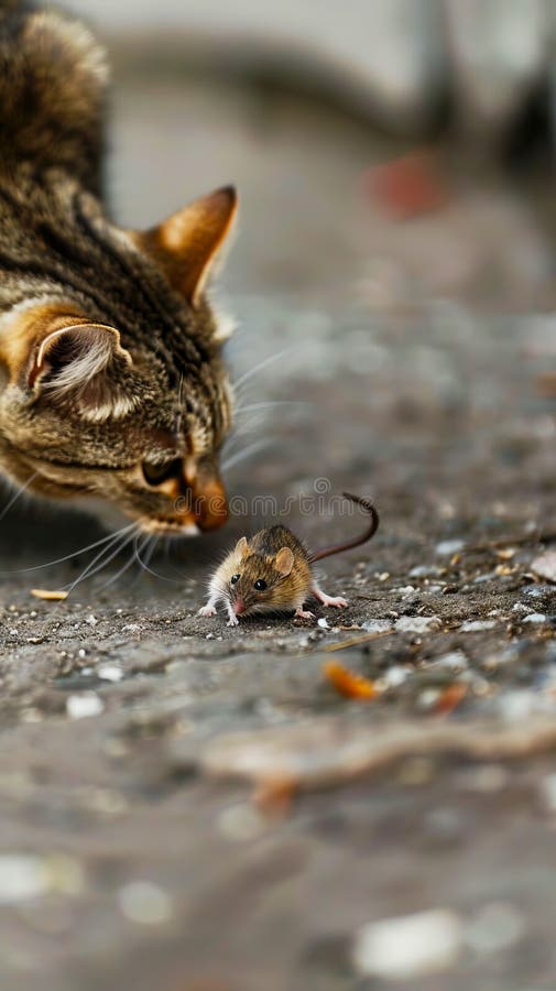A Cat is Sniffing a Mouse on the Ground Stock Photo - Image of domestic ...