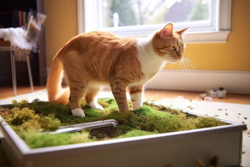 Cat Sniffing a Newly Set-up Litter Box, Exploring Stock Photo - Image ...