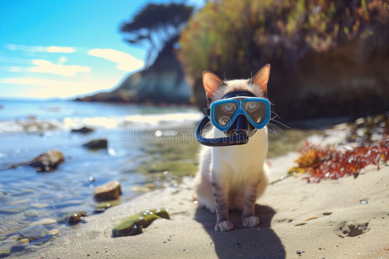 Cat with a Snorkel Mask, Sitting Ready by a Tide Pool Stock Photo ...