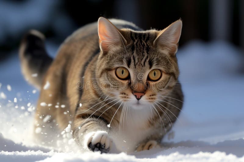 Cat in the Snow, Face Intent and Paws Ready To Pounce Stock Image ...