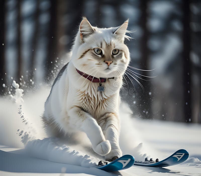 Cat on snow skiing stock illustration. Illustration of black - 303864027