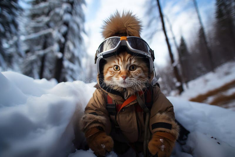 A Cat is Snowboarding in a Snowy Mountain Stock Image - Image of cold ...