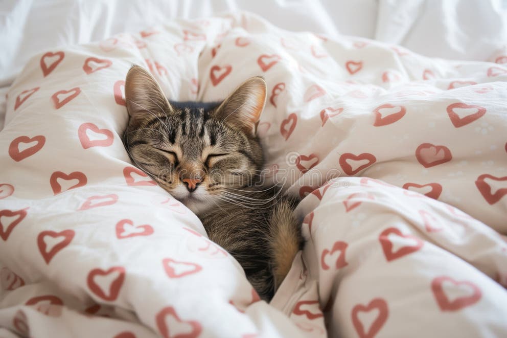 Cat Snuggled in a Bed with Heartpattern Sheets Stock Image - Image of ...