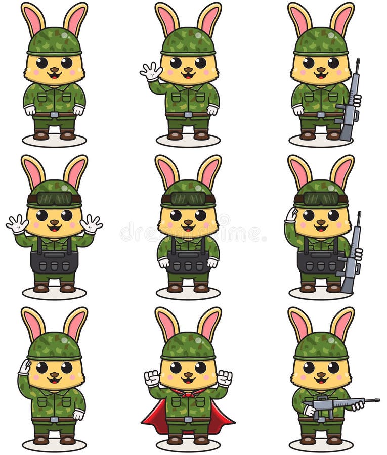 Cartoon Funny Rabbit Soldier Set Stock Vector - Illustration of ...