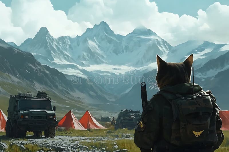 A Cat Soldier Stands Guard at a Mountain Campsite Stock Illustration ...