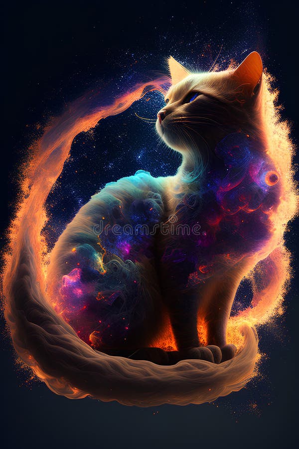 Cat in Space with Abstract Colorful Nebula. 3D Illustration Stock ...