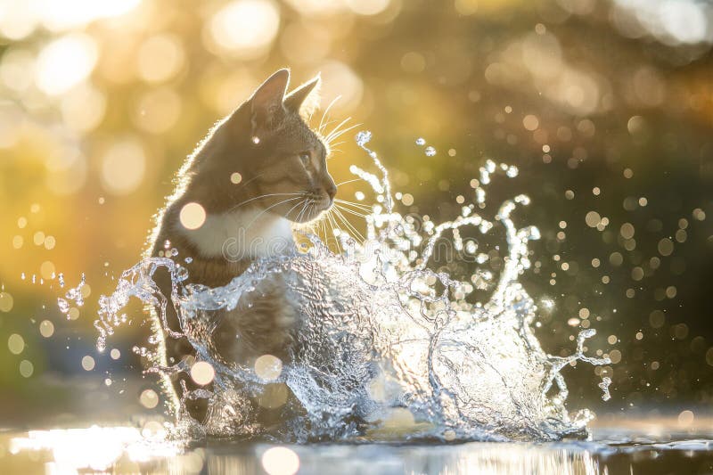 A Cat Splashes through Water, Captured in Backlight from the Sun ...