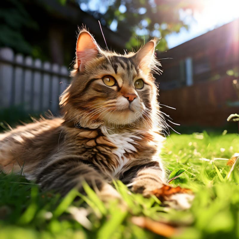 A Cat Sprawled Out on a Sunny Patch of Grass in the Backyard La Stock ...