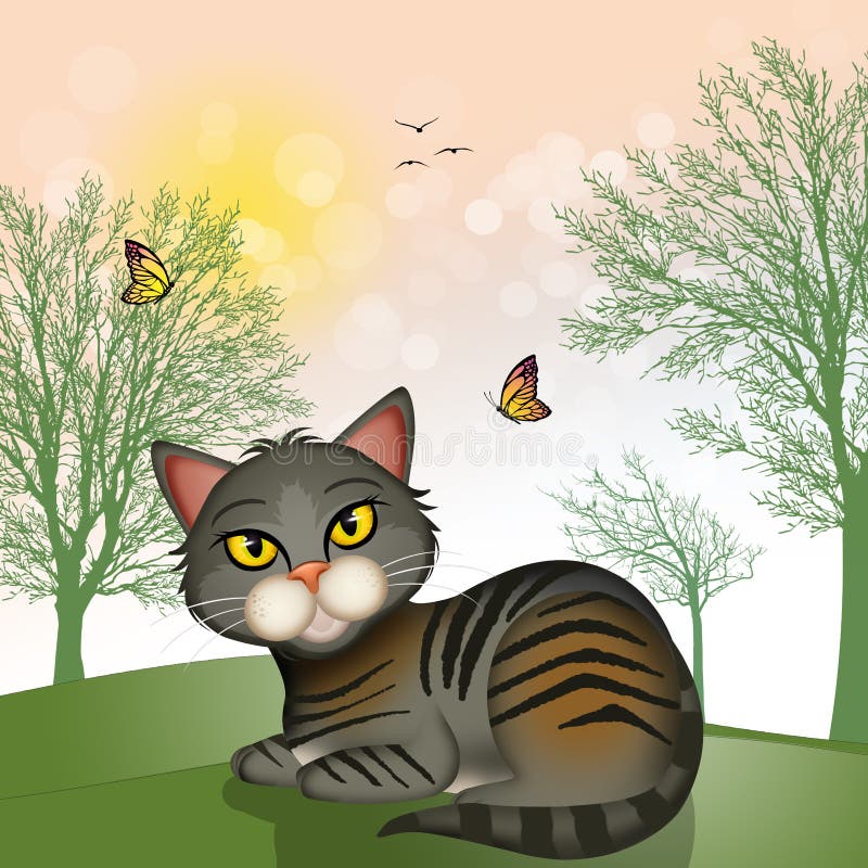Cat in the Spring Landscape Stock Illustration - Illustration of ...