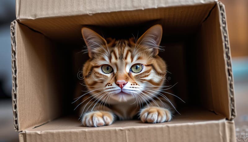Cat Squeezing Itself Dramatically into a Tiny Cardboard Box Stock ...