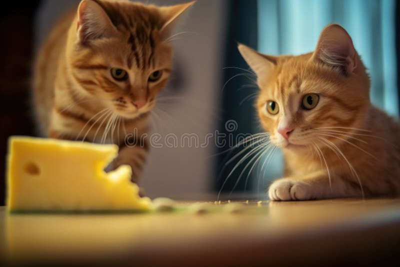 Cat Stalking Mouse Near Cheese on Table Stock Image - Image of feline ...