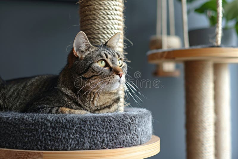 Cat on a Stand with Scratching Posts Stock Photo - Image of mammal ...