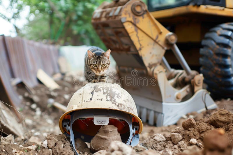 Cat Standing on a Construction Helmet Near a Digger Stock Image - Image ...