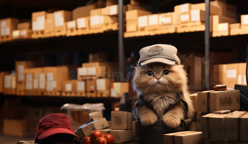 Cat Standing in Delivery Service Warehouse the Postman Delivers a Large ...