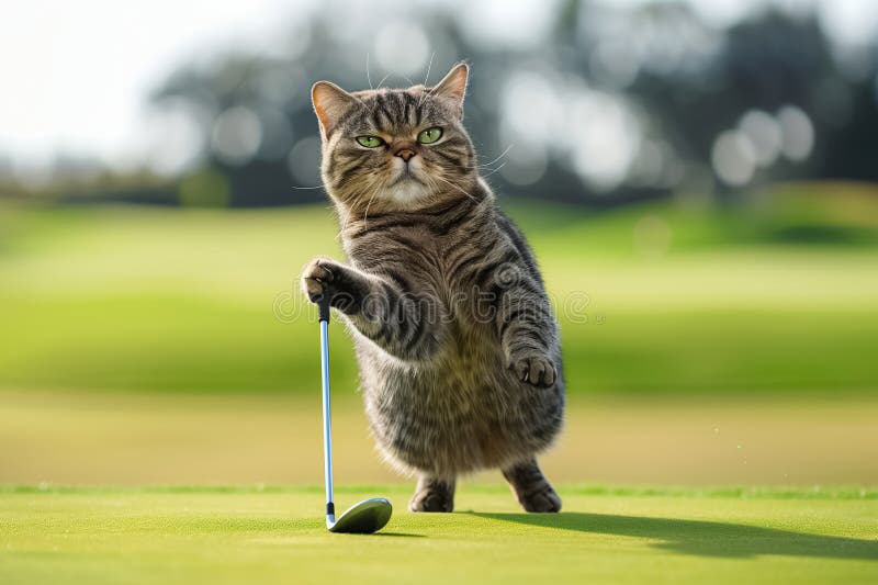Cat Standing with a Golf Club on a Green Course Stock Image - Image of ...