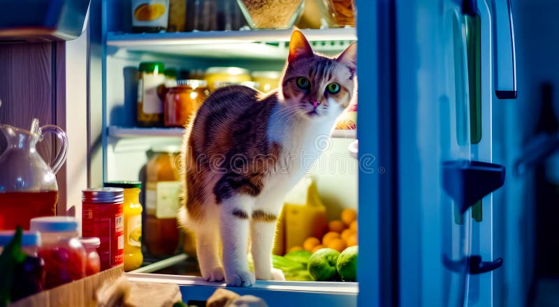 Cat Standing Inside of Refrigerator with Lots of Food Inside of it ...