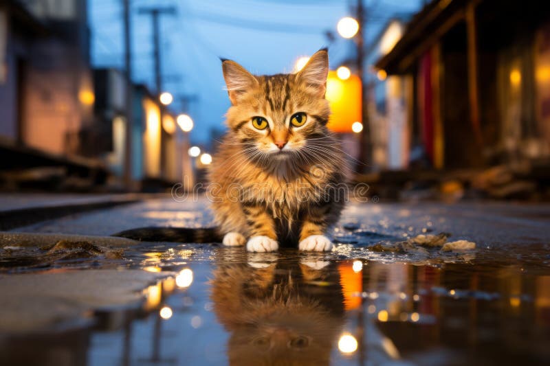 A Cat is Standing in a Puddle on a Street at Night Stock Illustration ...
