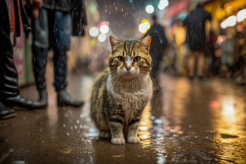 Cat is Standing in the Rain on Crowded Street. Generative AI Stock ...
