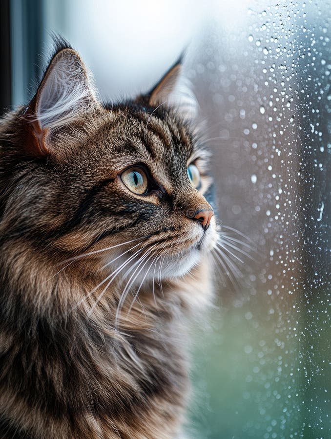 Cat Staring Out of a Rainy Window, Looking Thoughtful. Stock Image ...