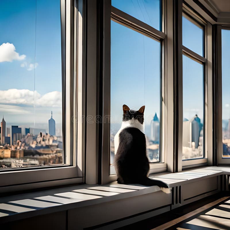Cat Staring at Window Realistic Digital Art Stock Illustration ...